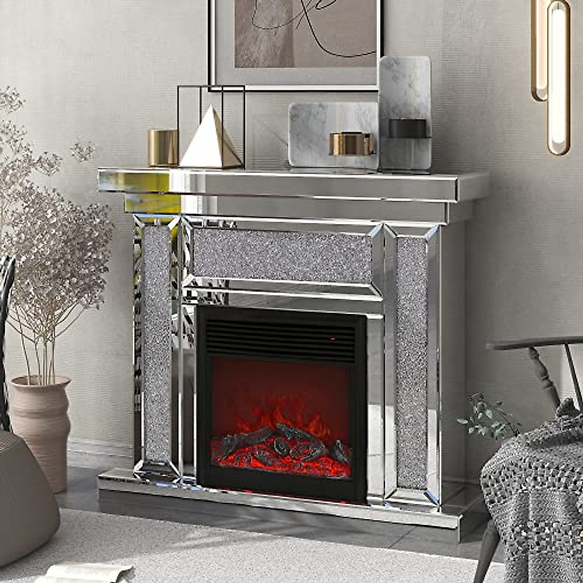 DEINPPA Mirrored Electric Fireplace with Remote Control and Faux Diamonds, Freestanding Mantel Heater Firebox with 3D Flames for Living Room, 1500W Electric Heating Furnace