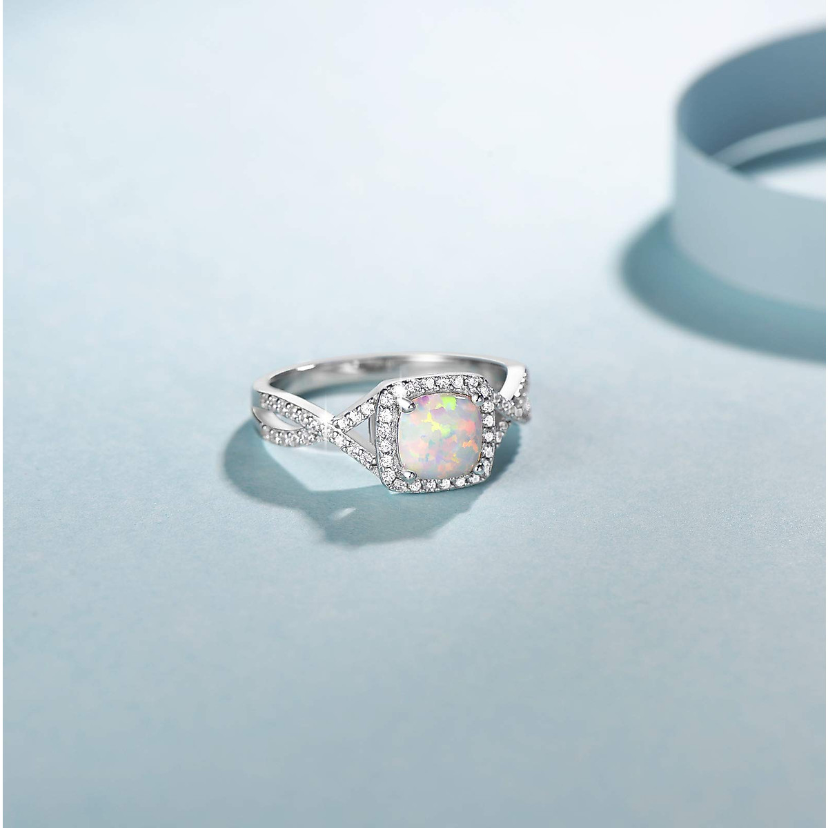 FANCIME Created Opal Rings Sterling Silver 4-Prong Halo Infinity White Fire Opal Ring October Birthstone Engagement Wedding Ring Fine Jewelry for Women Size 9