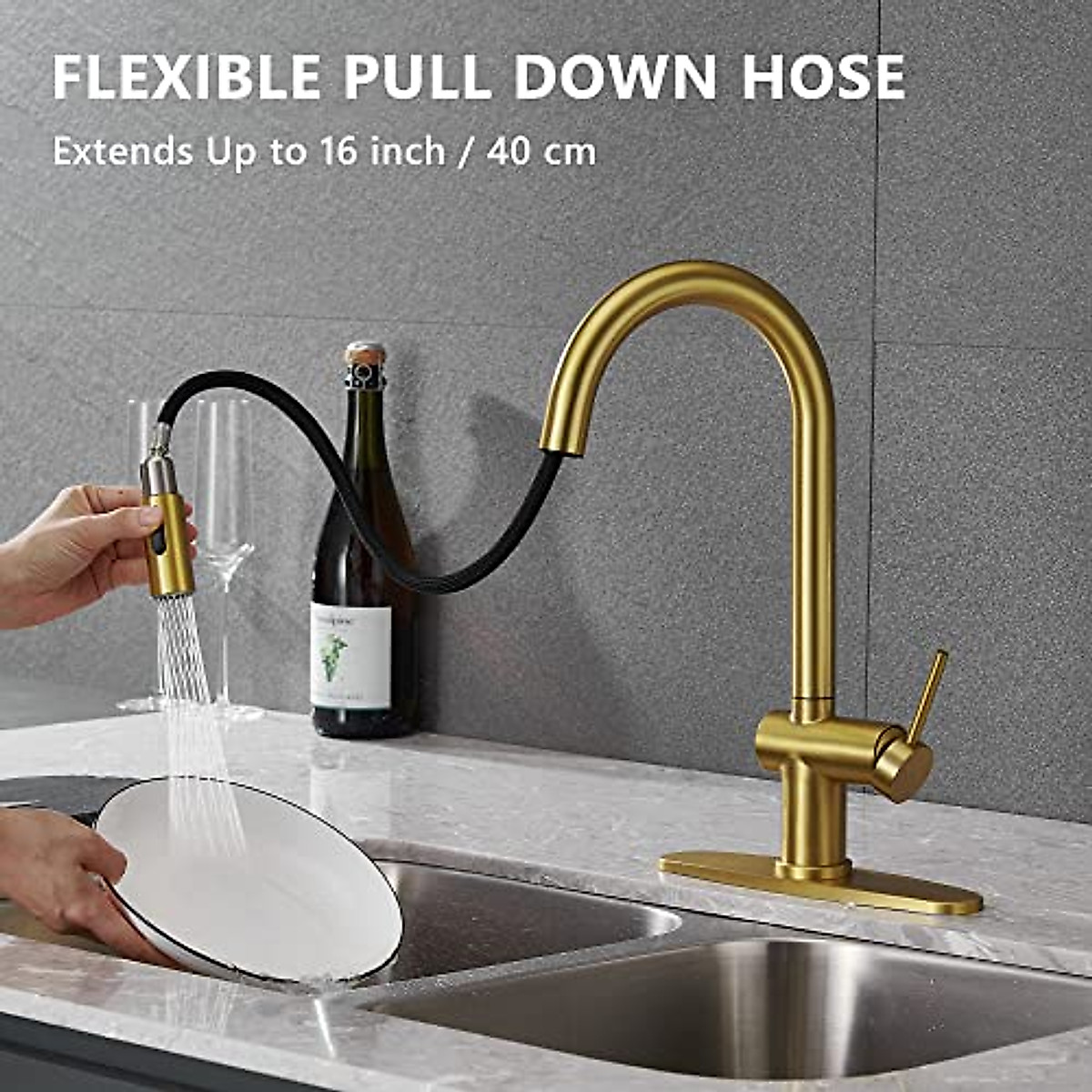 YardMonet Brushed Gold Kitchen Faucet with Pull Down Sprayer, Modern Gold Kitchen Sink Faucet Single Hole with 10" Deck Plate, Single Handle Pull Out Kitchen Faucets for Sink