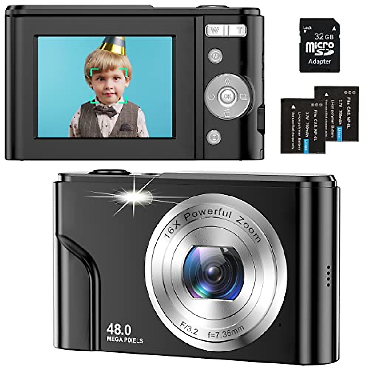 Digital Camera for Teens Kids, 1080P 48MP Kids Camera with 32GB SD Card, 2.4 Inch LCD Screen Kids Digital Camera with 16X Digital Zoom, Compact Kid Camera for Kids Girls Boys Adults Beginners (Black)