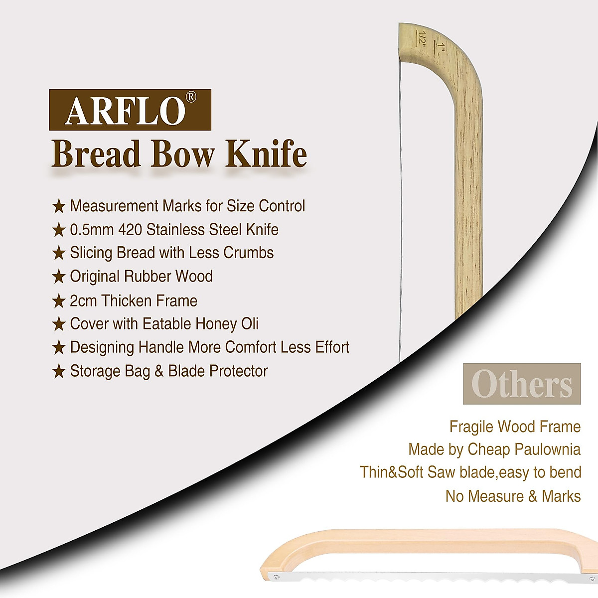 Arflo Wooden Bread Bow Knife - 16" Bread Bowl Knife - 420 Premium Stainless Steel Bread Saw with Protective Cover - Bread Knife for Homemade Bread - Sourdough Bread Knife