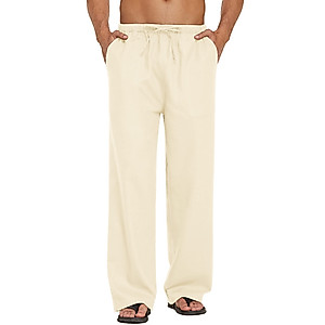COOFANDY Men Linen Yoga Beach Cool Long Pants Stretchy Drawstring Waist Trousers