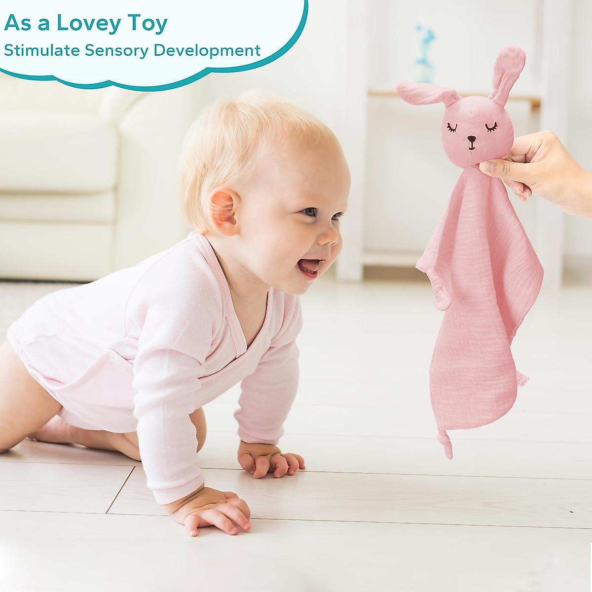 ZIGJOY Bunny Lovey Muslin Cotton Baby Security Blanket Soft Breathable Lovies for Babies Gifts for Newborn Infant Toddler Boys and Girls, Pink