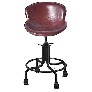 Topower Antique Industrial Design Metal Adjustable Height Kitchen Dining Breakfast Chair Industrial Style Bar Stool Fully Welded Maroon PU Leather Seat