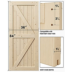 WINSOON 36 x 84 inch Sliding Barn Door Interior Paneled Slab, DIY Unfinished Barn Doors Solid Spruce Wood, K Frame, Pre-Drilled, Bottom Grooved, Easy to Install, Natural