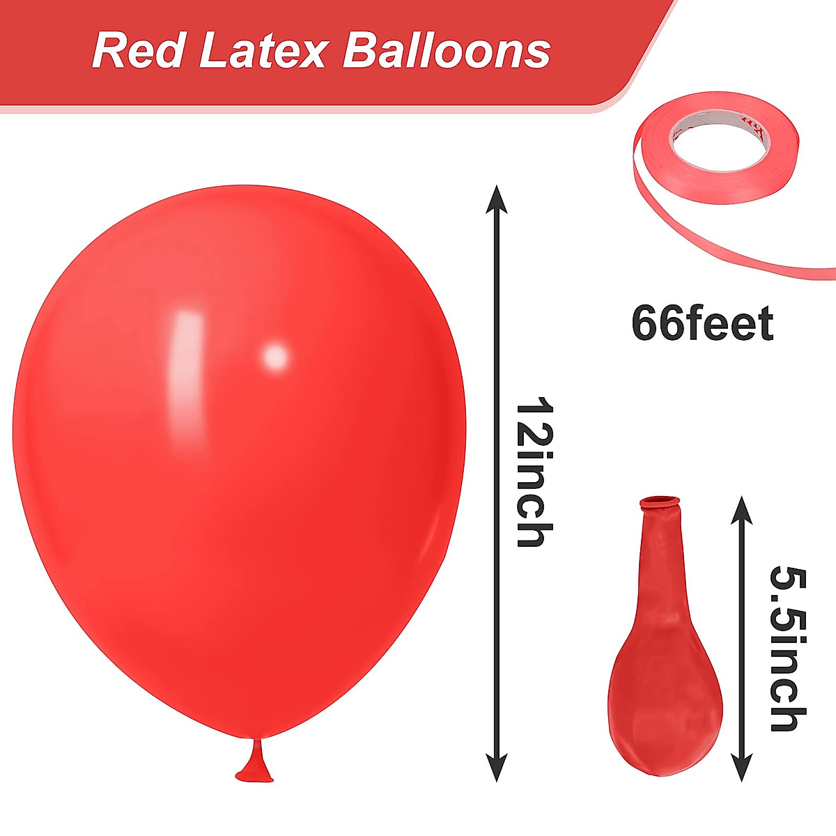 RUBFAC Red Latex Balloons, 100pcs 12 Inch Helium Balloons for Party Decoration Like Birthday Wedding Baby Shower Gender Reveal Valentine's Day (with Red Ribbon)