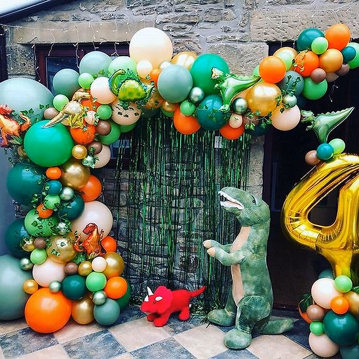 135pcs Jungle Party Balloon Arch Green Orange Gold Balloon Garland for Jungle Dinosaur Themed Party Kids Boys Birthday Party and Animal Party Decorations