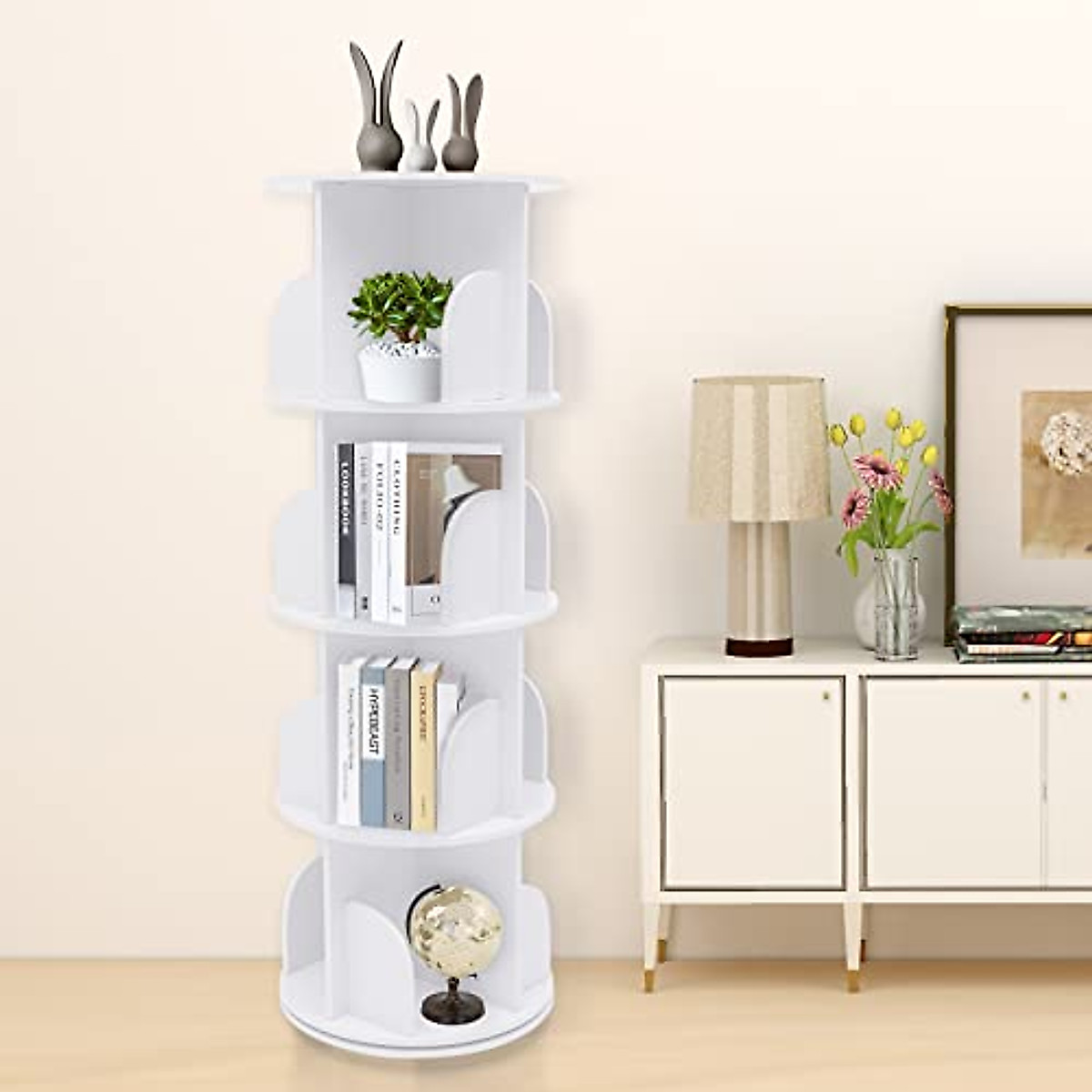CeRaBuRET White 360° Rotating Bookshelf, 4 Tier Stackable Tall Bookshelf Bookcase with Storage Shelves Floor Standing Bookshelf Display for Living Room, Bedroom and Office, 15.7 * 15.7 * 46.5in