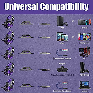 BENGOO G9000 Stereo Gaming Headset for PS4, PC, Xbox One Controller, Noise Cancelling Over Ear Headphones with Mic, LED Light, Bass Surround, Soft Memory Earmuffs (Purple)