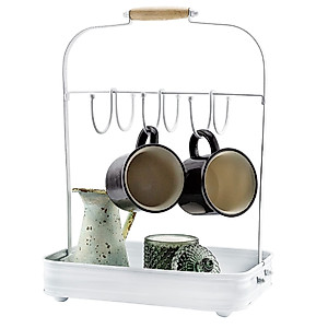 AuldHome Enamelware Coffee Mug Rack, Countertop Style White Rustic Distressed Cup Hanging Stand with Tray