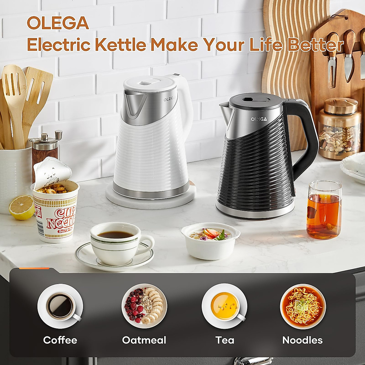 OLEGA Electric Kettle - 1500W Fast Boiling Electric Tea Kettle 1.8L BPA-Free Stainless Steel Hot Water Kettle Electric for Boiling Water Auto Shut Off Electric Water Kettle for Coffee Tea 120V