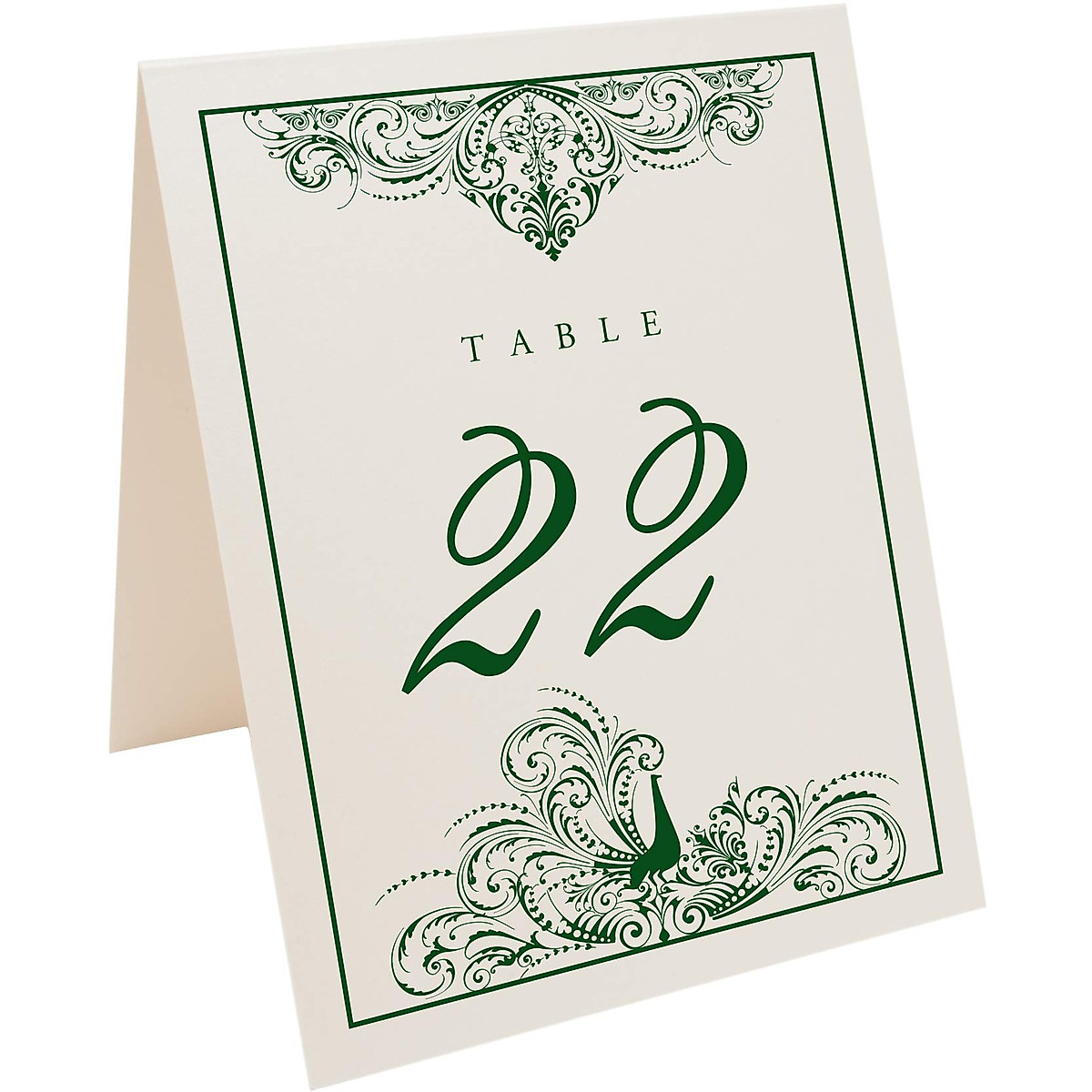 Peacock Flourish Wedding Table Numbers (Select Color/Quantity), Champagne, Hunter Green, 1-15, Double Sided, Tent or Use in a Stand, Great for Parties & Restaurants