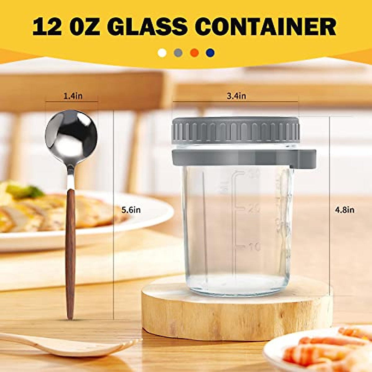 Bupto 4 Pack Overnight Oats Containers with Lids and Spoons, 16 oz Airtight Overnight Oats Jars with Measurement Marks Salad Jars for Cereal Milk Yogurt Vegetable Fruit On the Go Container (4 grey)