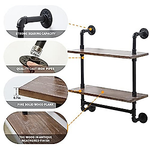 Pipe Floating Shelves, Industrial Pipe Shelves 2 Tier Wall Shelf Wall Mounted Bookcase, Metal Bracket with Rustic Wood Planks for Farmhouse, Laundry Room, Bathroom, Kitchen, Living Room - 30 Inch