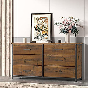 IKENO 6 Drawer Double Dresser, Industrial Wood Dresser for Bedroom, Storage Cabinet with Sturdy Steel Frame