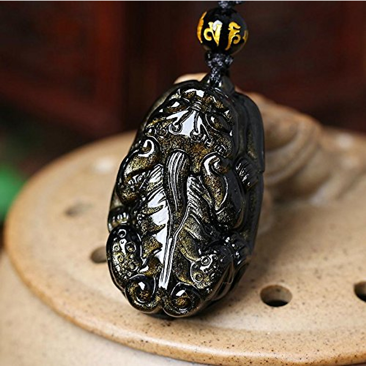 Natural Gold Obsidian Toad Pi Yao Pendant Amulet
