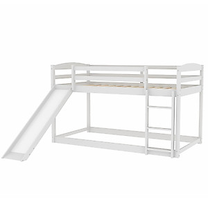Harper & Bright Designs Bunk Beds Twin Over Twin,Wooden Bunk Bed with Slide, Low Bunk Bed for Kids with Ladder, Floor Bunk Bed Toddler,No Box Spring Needed,White