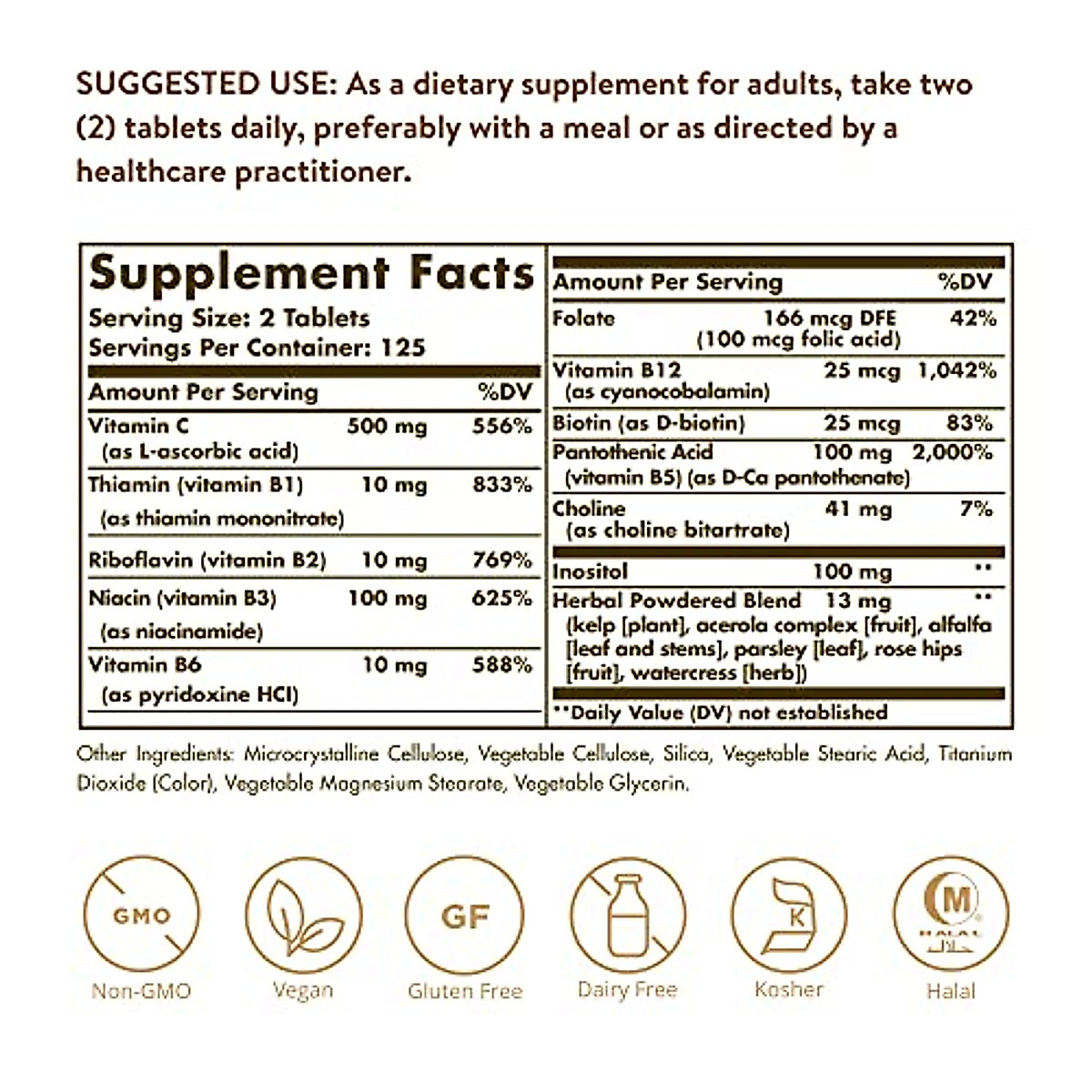 Solgar B-Complex with Vitamin C Stress Formula, 250 Tablets - Energy Metabolism, Nervous System & Immune Support - Non-GMO, Vegan, Gluten Free, Dairy Free, Kosher, Halal - 125 Servings