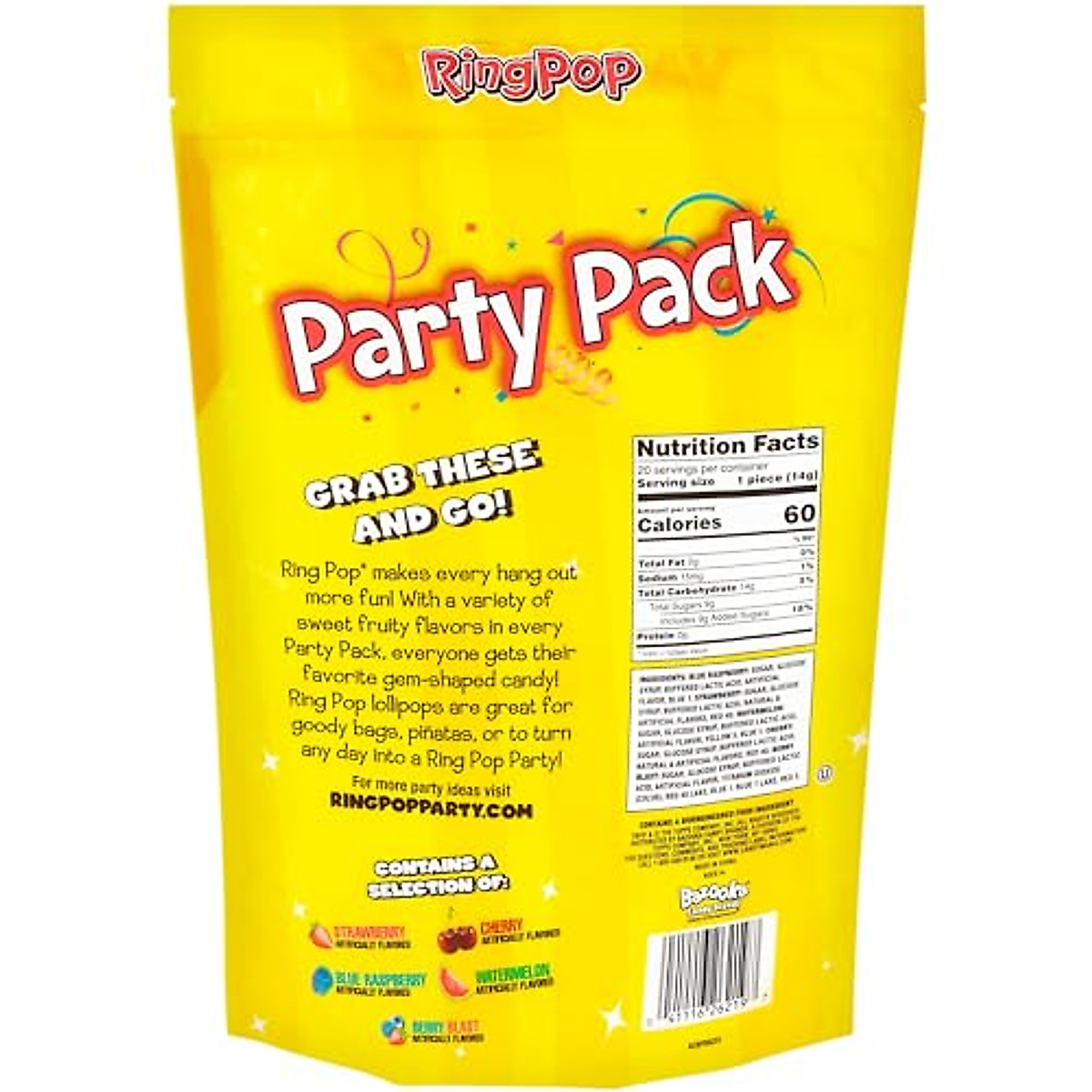Ring Pop Individually Wrapped Bulk Lollipop Variety Party Pack – 20 Count Suckers w/ Assorted Fruity Flavors - Fun Candy for Kids - Hard Candy for Party Favors, Birthdays, Celebrations & Goodie Bags
