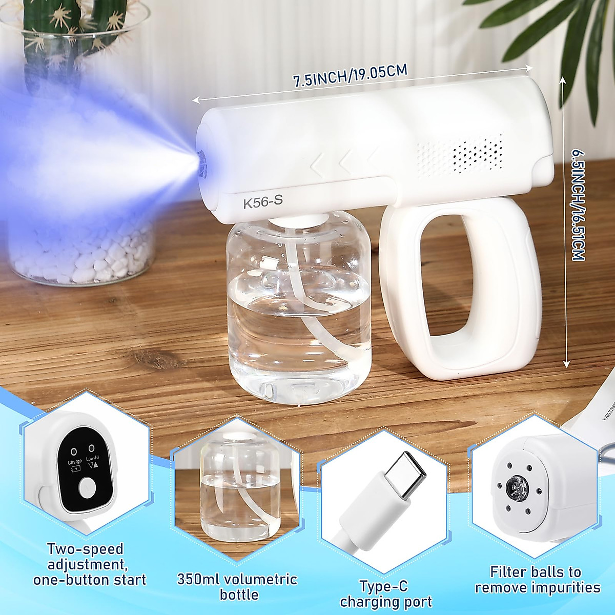 Qualirey 2 Pack Rechargeable Atomizer Sprayer Gun Handheld Nano Spray Cordless Steam Large Capacity Electric Fogger Machine for Car School Home Hotel, 1200mAh