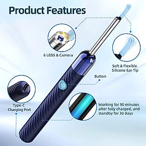 Ear Wax Removal, Ear Cleaner with Camera with 1080P, Otoscope with Light, Ear Wax Removal Kit with 6 Ear Pick, Ear Camera for iPhone, iPad, Android Phones (Blue)