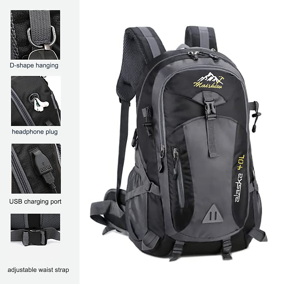 TianYaOutDoor 40L Hiking Backpack for Men Women Waterproof Lightweight Small Travel Backpack with USB Charging Port (Navy)