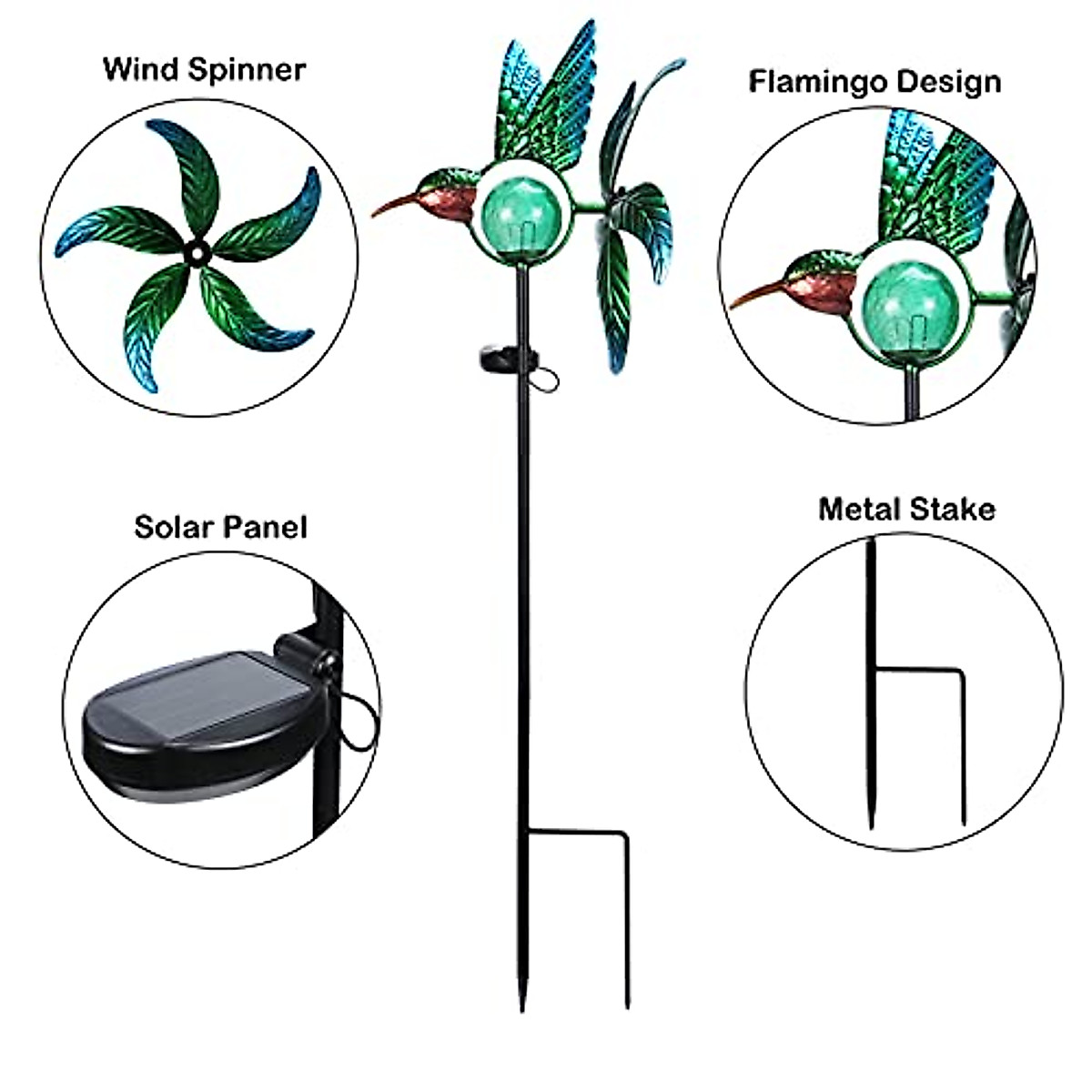 Hummingbird Solar Wind Spinner Outdoor - Solar Garden Stake Lights Cracked Glass Ball Waterproof Outdoor Hummingbird Decor Pathway Lights for Garden Patio Lawn (1 Pack)