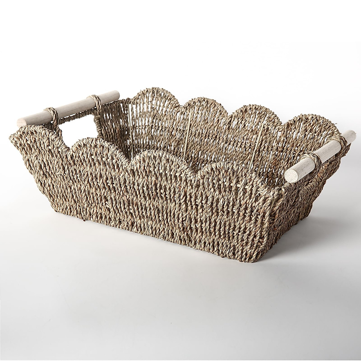 Scalloped Edge Basket with Wooden Handle, Water Hyacinth/Seagrass/Wicker Storage Baskets, Hand Woven Baskets for Shelves,Natural Baskets for Organizing (Seagrass, 16.5 * 12.6 * 5.5“)