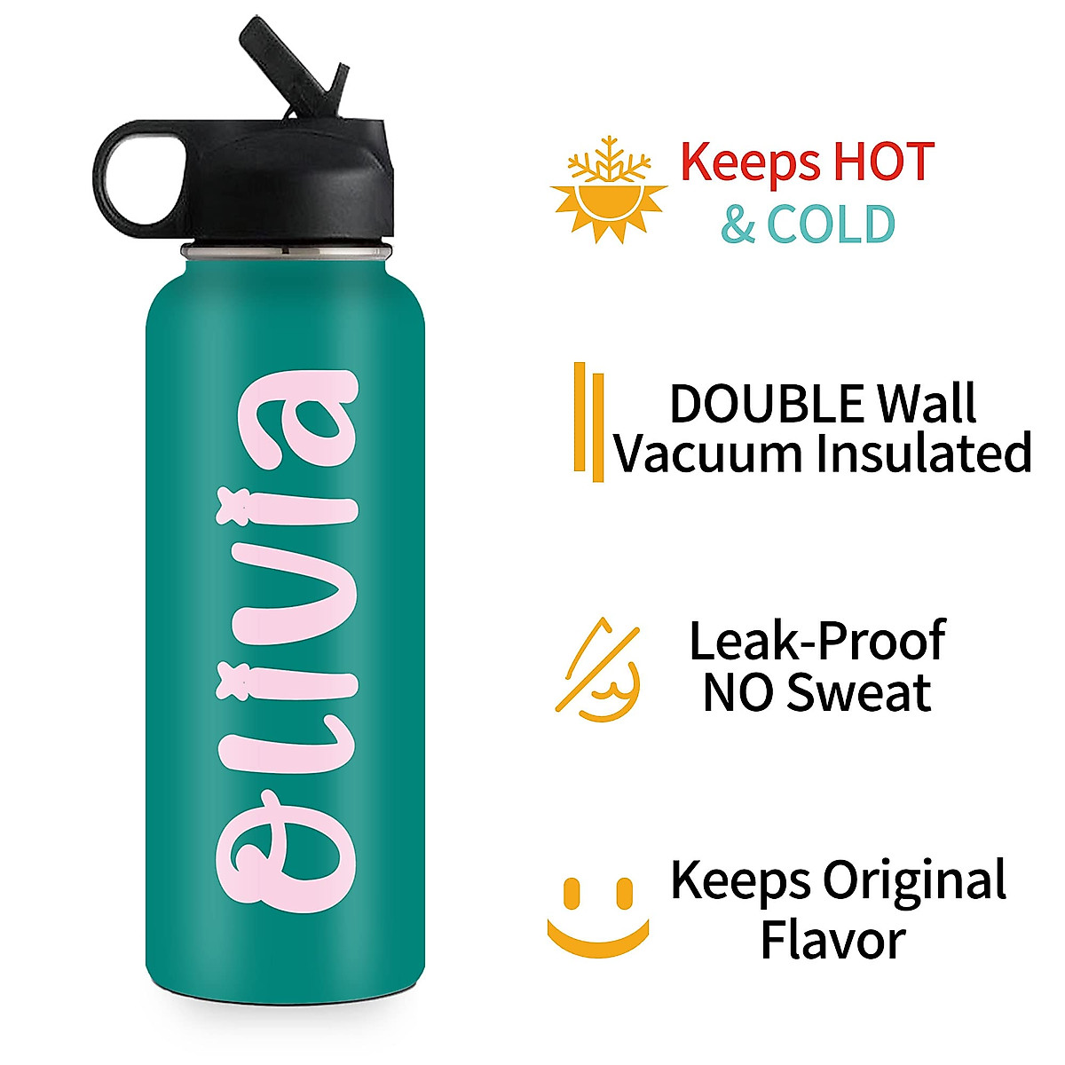 Personalized Kids Water Bottle for School, 18 oz Custom Name Insulated Water Bottles With Straw, Stainless Steel Reusable Waterbottle Gifts for Girls Boys Men Women - Color Clash