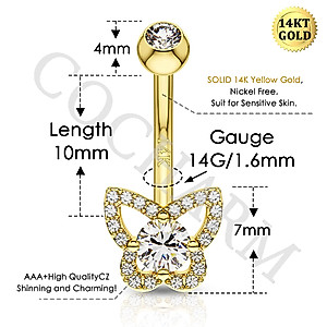 COCHARM 14K Gold Butterfly Belly Button Rings Yellow Gold Belly Rings for Women 14kt Real Gold Belly Piercing 14g Navel Rings Navel Bar