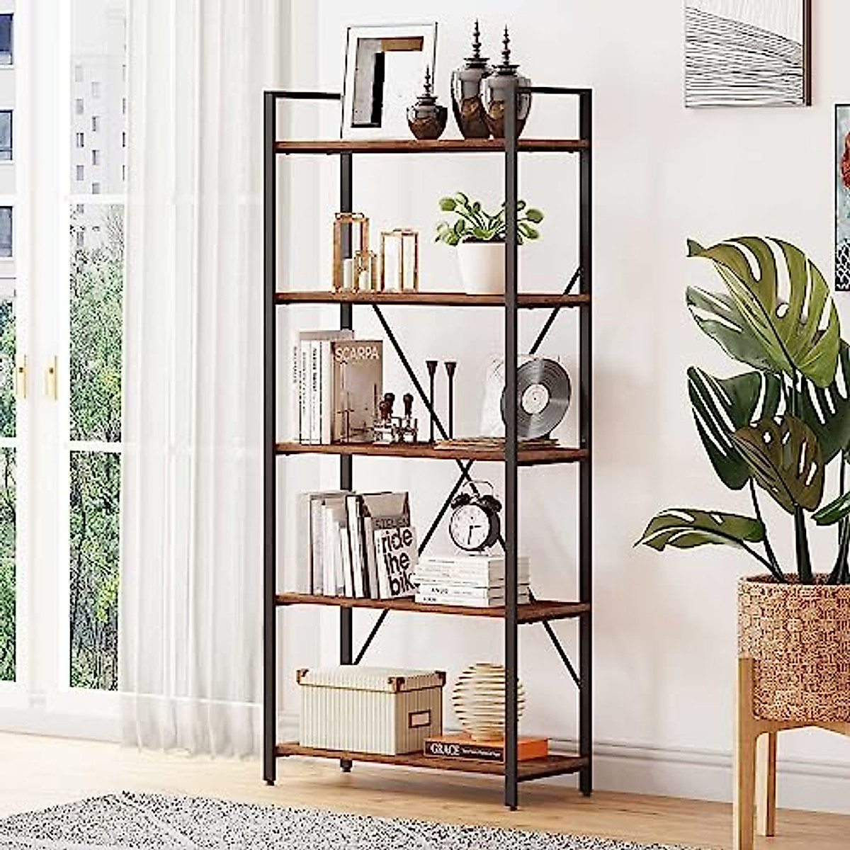 BON AUGURE Industrial Bookshelf, Etagere Bookcases and Book Shelves 5 Tier, Rustic Wood and Metal Shelving Unit (Rustic Oak)