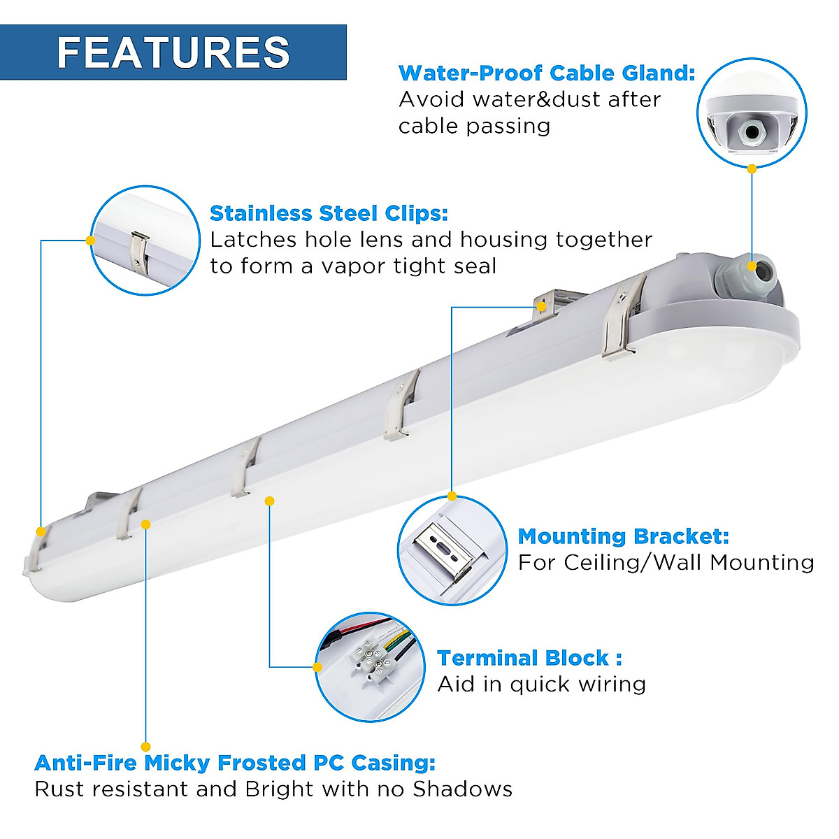 4FT LED Vapor Tight Light, 40W 4800 Lumens Vapor Proof Light Fixture(100W Eq.) 5000K Outdoor Shop Light 0-10V Dimmable 100-277VAC, IP65 LED Light for Cold Storage Workshop Car Parking Warehouse-4PACK