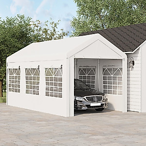 Outsunny 10' x 20' Party Tent and Carport, Height Adjustable Portable Garage, Outdoor Canopy Tent 8 Legs with Sidewalls for Car, Truck, Boat, Motorcycle, Bike, Garden Tools, White