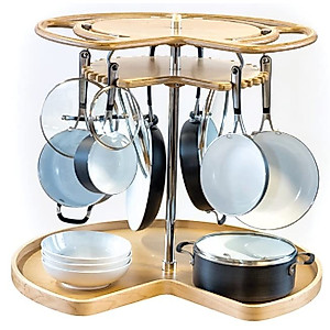 Wood Kidney Shape Swiveling Lazy Susan Hooks Pots and Pans Organizer with 7 Metal for Corner Base Cabinet (28" Diameter)