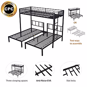 Goohome Triple Bunk Beds, Twin Over Twin Bunk Beds for 3, Metal Bed Frame for Bedroom, Apartment, Dorm, Heavy Duty Bunk Bed with Guardrail Ladder, Space-Saving, Black