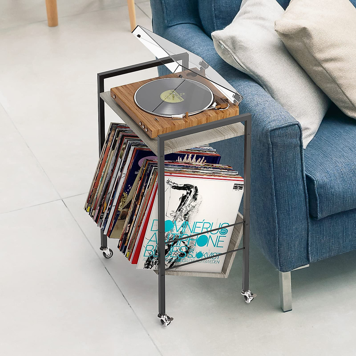 NOVIMANGO Record Player Stand with Storage, Vinyl Player Stand 2 Tier Vinyl Record Storage with Wheels Turntable Stand with Metal Frame Industrial Record Player Cabinet for Bedroom Office, Gray