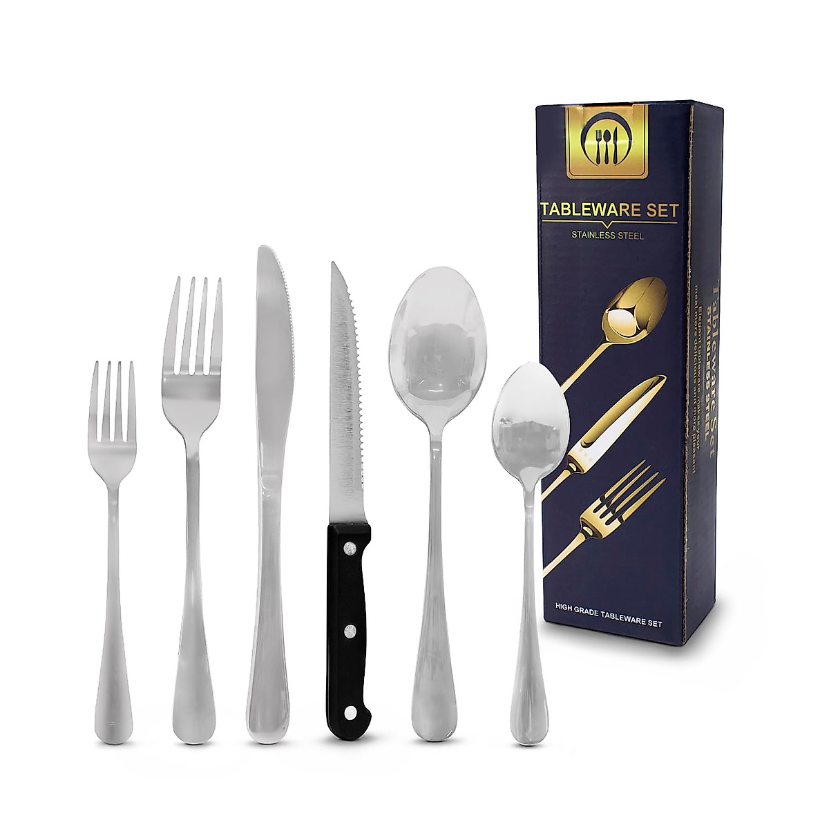 24 Piece Flatware Set Stainless Steel Flatware Set Fork Spoon Knife Steak Knife Cutlery Set for 4 People Dishwasher Safe (24 Pieces)