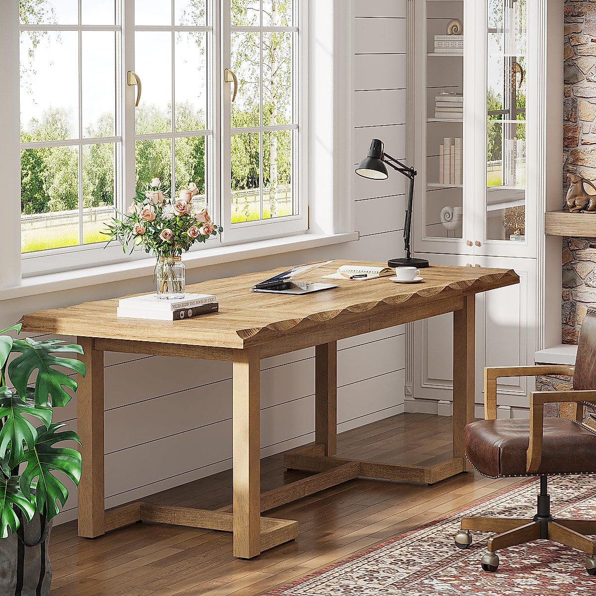 Tribesigns 63 Inches Computer Desk, Rectangular Writing Table with Solid Wood Legs and Thickened Desktop for Work Study, Modern Simple Executive Desk Workstation for Home Office (Walnut)