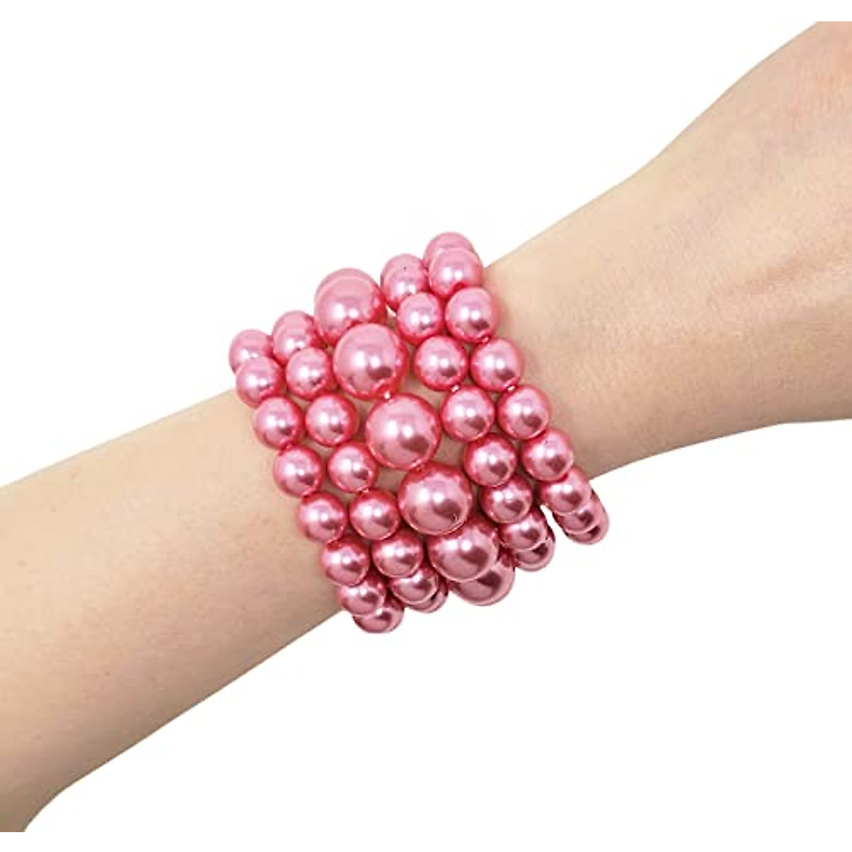 BA UNIQUE FASHION Women's Simulated Pearl Stretch Bracelet 5 PCS Set (Watermelon Pink)