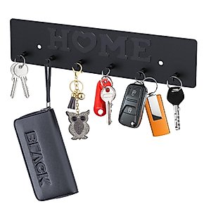 Key Holder Wall Mount, Metal Key Hooks for Wall, Key Hanger with 6 Hooks Keys Rack Organizer Self Adhesive Home Decor for Entryway Front Door Hallway Office, 9.6inch, Matt Black
