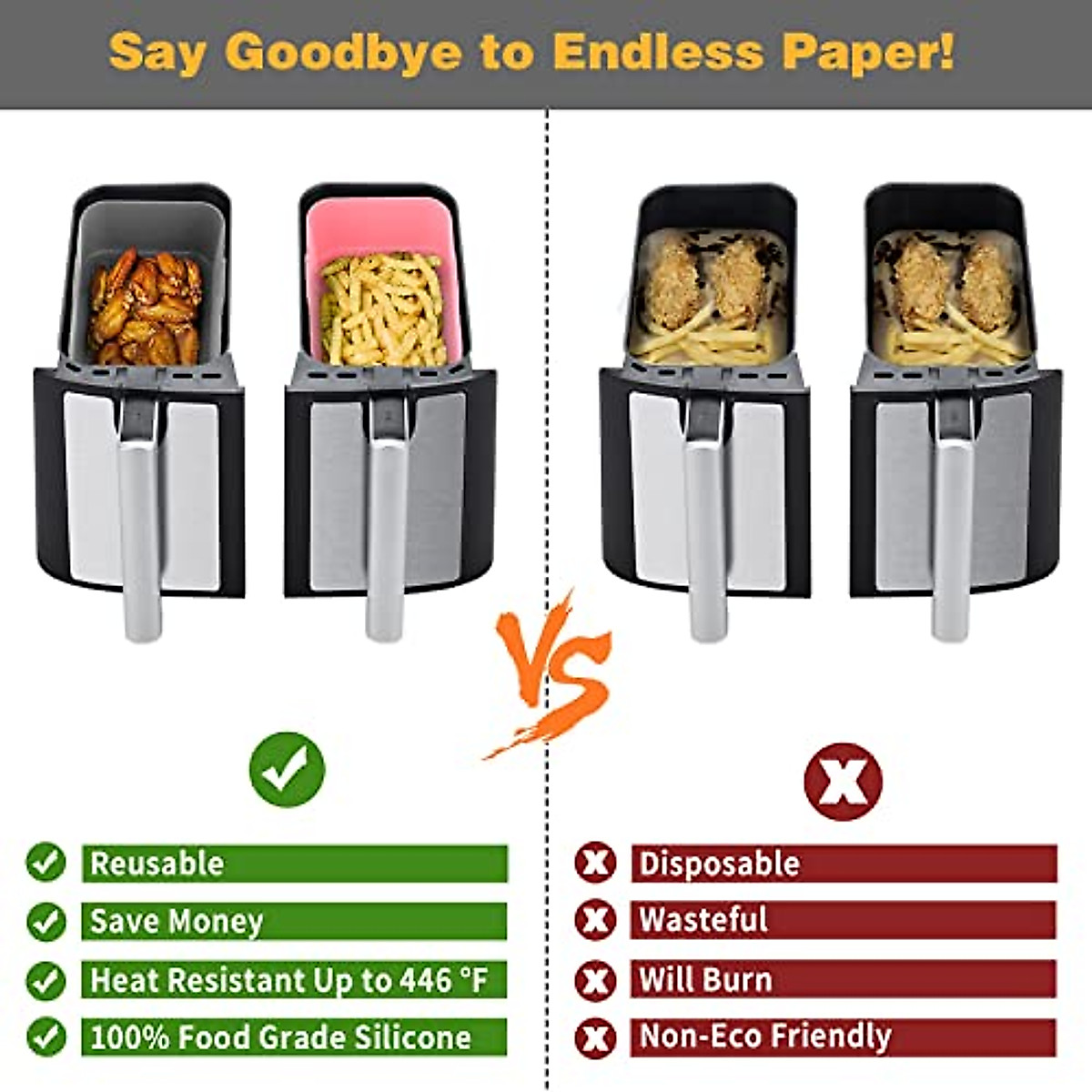 OUTXE 2-Pack 10 QT Silicone Air Fryer Liners for Ninja Dual Zone DZ401/DZ550, Reusable Rectangular Air Fryers Silicone Pot Inserts for Oven Microwave Accessories (Grey+Pink)