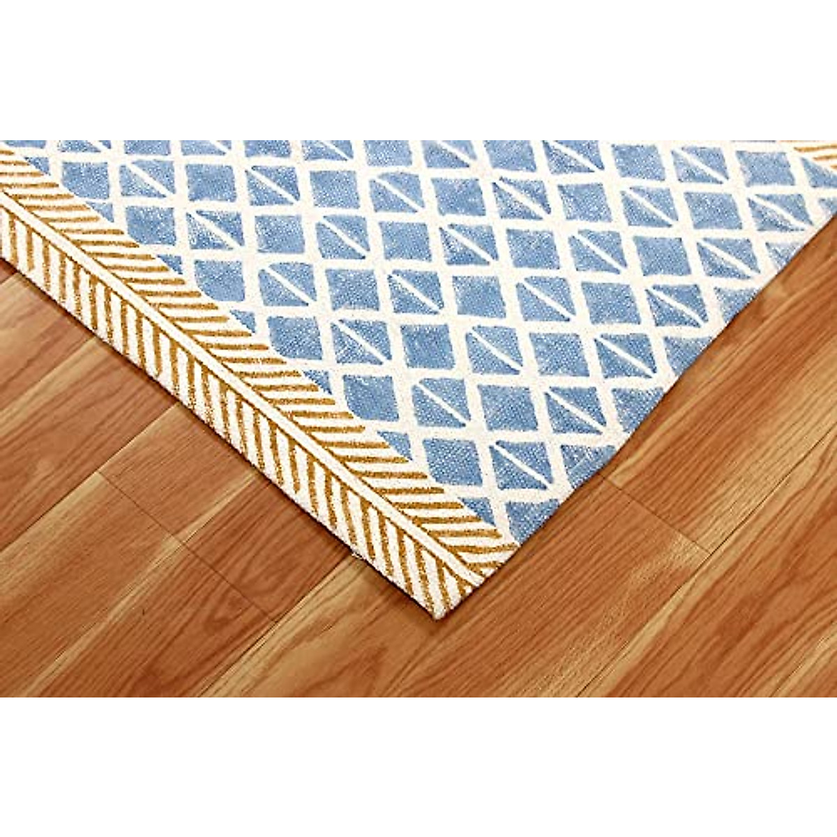Casavani Indian Handmade Cotton Dhurrie Striped Blue & Brown Area Rug Boho Kilim Flat Weave Rug Indoor Hall Room Decor Carpet Throw Rugs for Bedroom Living Room Bathroom Balcony 8x10 Feet