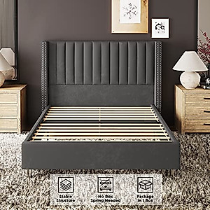 Jocisland Bed Frame Queen Size Upholstered Bed Wingback Headborad Velvet Channel Tufted/No Box Spring Needed/Dark Grey