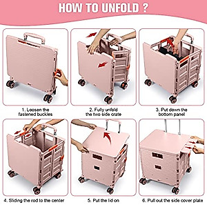 Foldable Utility Cart Folding Portable Rolling Crate with Magnetic Extended Lid,360°Rotate Wheels,176LBS Load Capacity,Heavy Duty Durable Dolly Cart for Teacher Tourist Shopping Office Outdoor