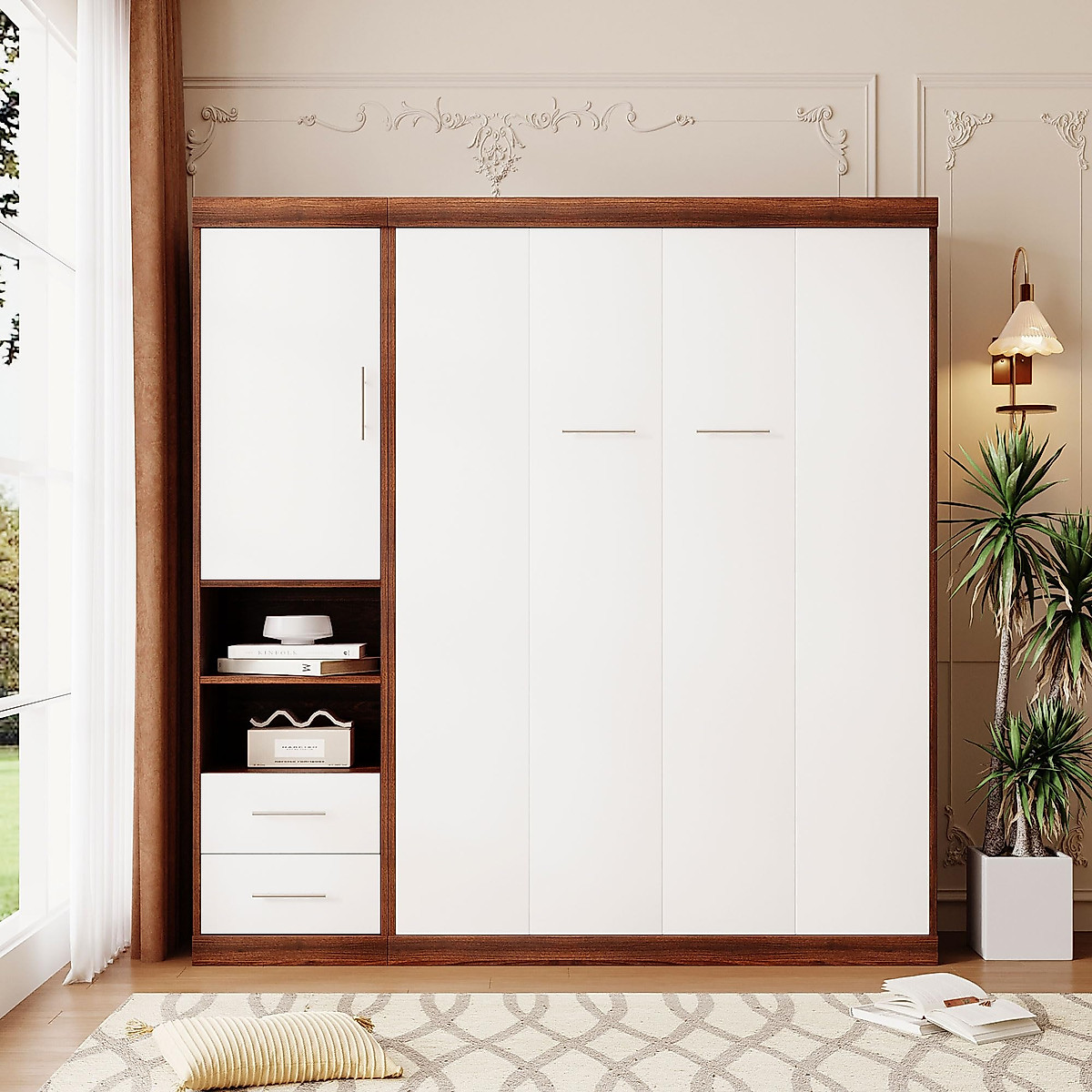 Hlcodca Murphy Bed, Full Size Murphy Bed Wall Bed with Storage Cabinet, Double -Layer Storage Rack, Double -Layer Drawer, Hide A Bed On A Cabinet, Space Saving