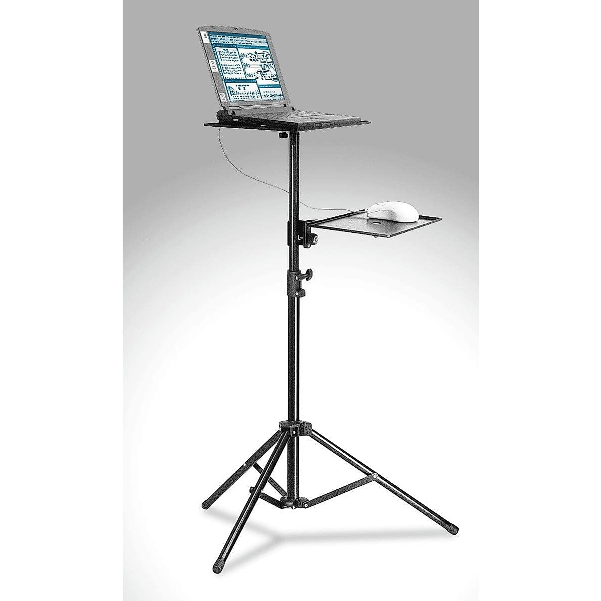 K&M Konig & Meyer 12150.000.55 Laptop Projector Stand |Tripod w/Cross Brace Legs | Clamp-On Mouse/Phone Tray | Height Adjustable | Ergonomic | Folds Compact | Portable | German Made | Black