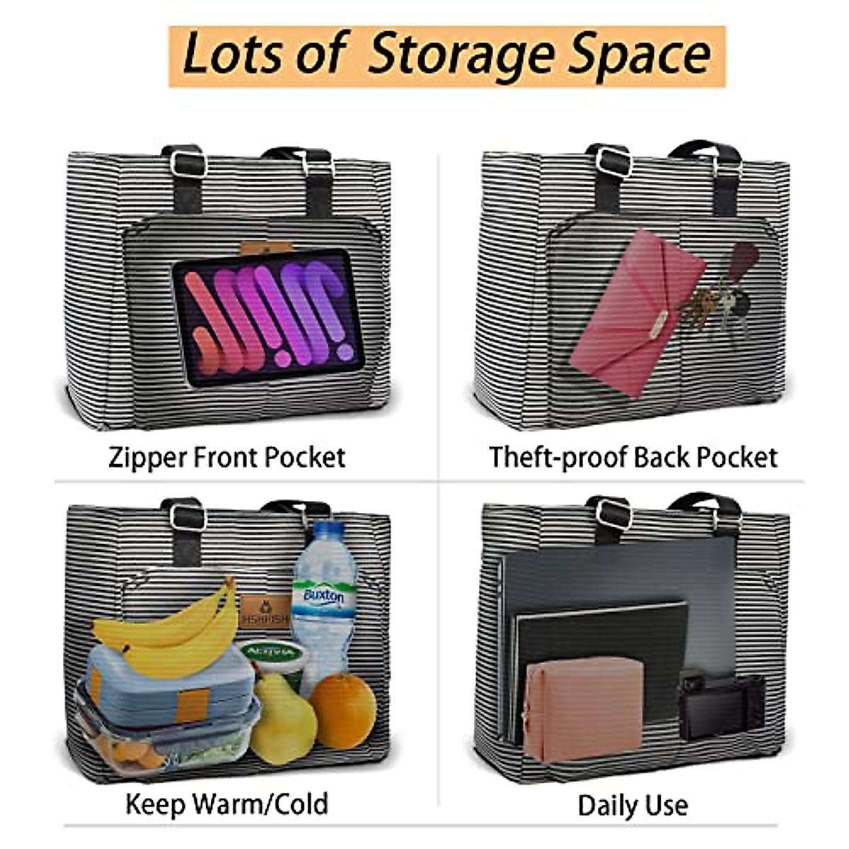 HSHRISH Insulated Lunch Bags for Women, Large Leakproof Tote Bag with 2 Pockets, Durable Reusable Grocery Bags for Work Shopping Outdoor Picnic, 14L(Black/White Stripes)