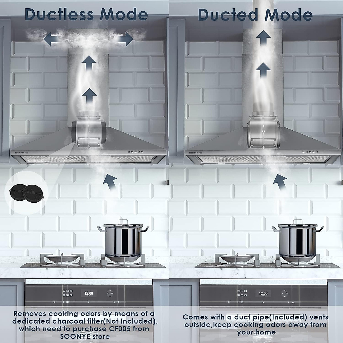 SOONYE 450 CFM 30 inch Range Hood, Stainless Steel Wall Mount Vent Hood, Convertible to Ductless/Ducted with LED Lights, 3 Speed Exhaust Fan