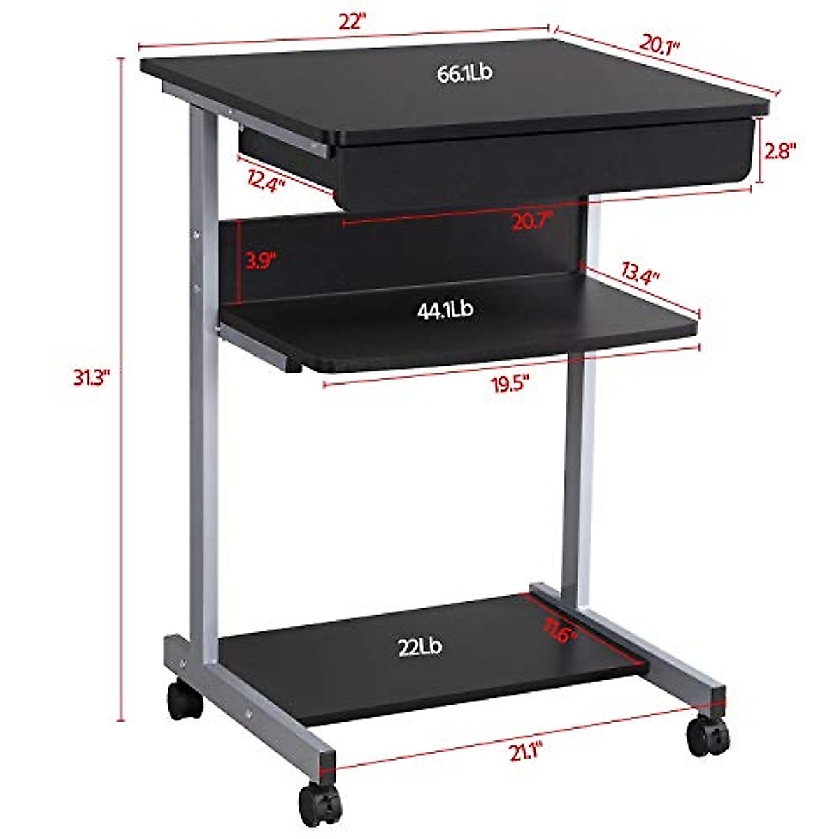 Yaheetech Mobile Computer Desk Cart, Small Rolling Laptop Desk PC Table Workstation with Drawer and Printer Shelf, Writing Desk Table for Small Space/Home Office