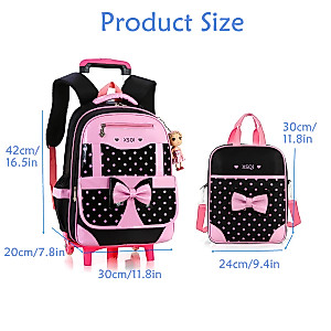 MITOWERMI Rolling Backpack for Girls Trolley School Bags Cute Bowknot Girls Backpack with Wheels Carry-on Travel Luggage with Handbag Toddler Elementary Princess Bookbags